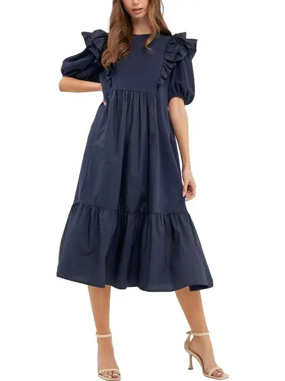 English Factory Ruffle Puff Sleeve Midi Dress - Navy