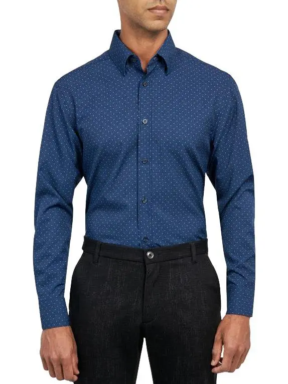 W.R.K Regular Fit Dot Print Performance Stretch Dress Shirt - Navy
