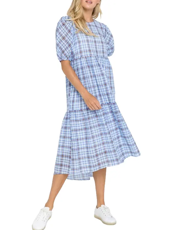 English Factory Check Tiered Midi Dress - Blue