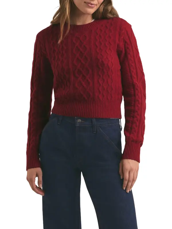 FAVORITE DAUGHTER Wool & Cashmere Blend Cable Crewneck Sweater - Haute Rouge