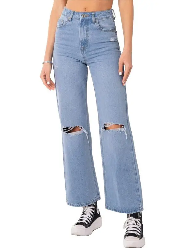EDIKTED Lori Ripped Wide Leg Jeans - Blue