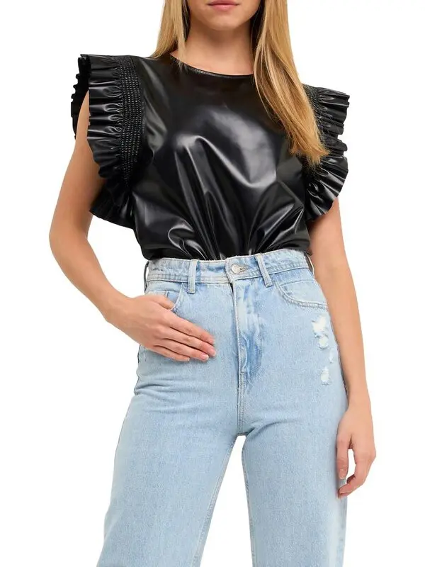 English Factory Faux Leather Ruffle Top - Black