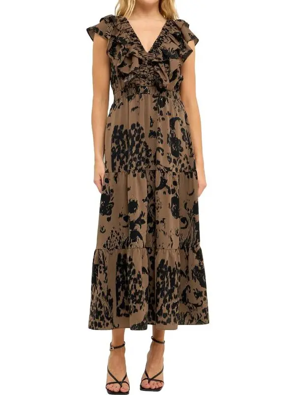 Endless Rose Metallic Animal Print Dress - Olive/black