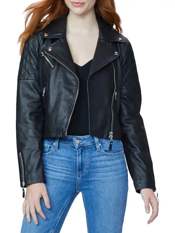 Paige Danisa Cropped Leather Moto Jacket - Black