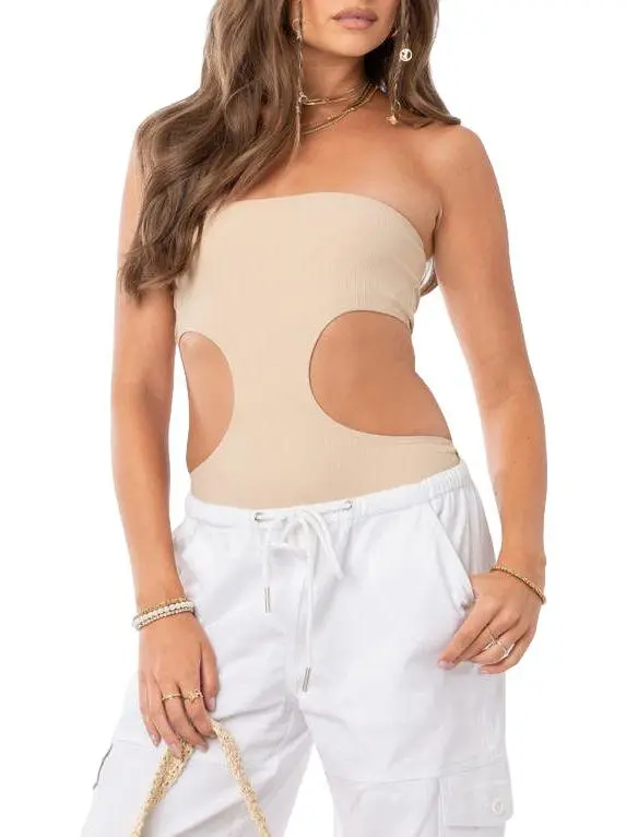 EDIKTED Vivie Rib Strapless Bodysuit - Beige