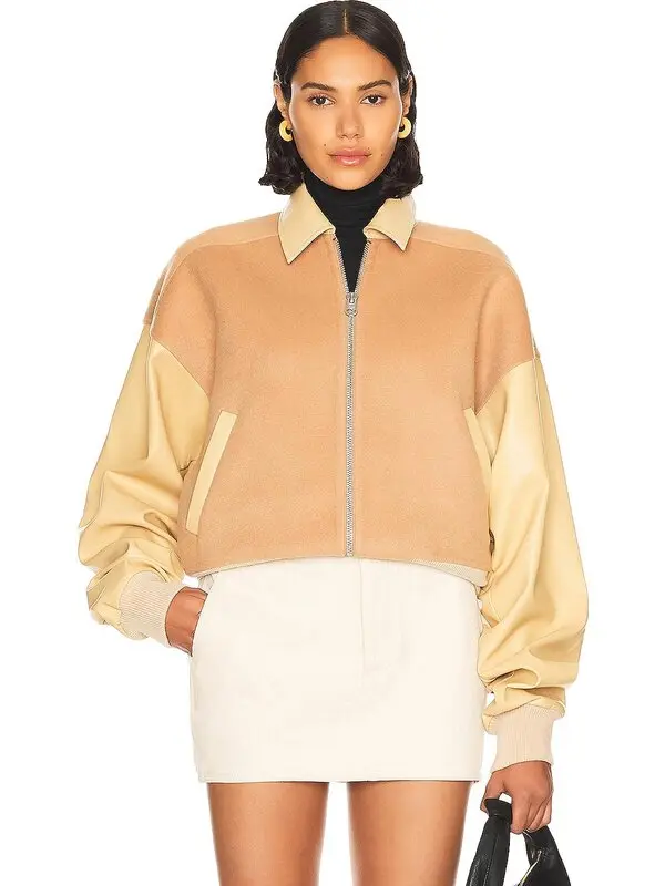 HELSA Faux Leather & Wool Blend Bomber - Tan