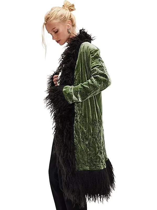 UNDERSTATED LEATHER Printed Velvet Coat With Faux Fur Trim - Mint