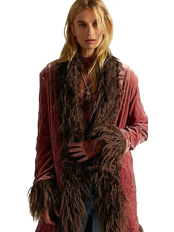 UNDERSTATED LEATHER Printed Velvet Coat With Faux Fur Trim - Pink/brown
