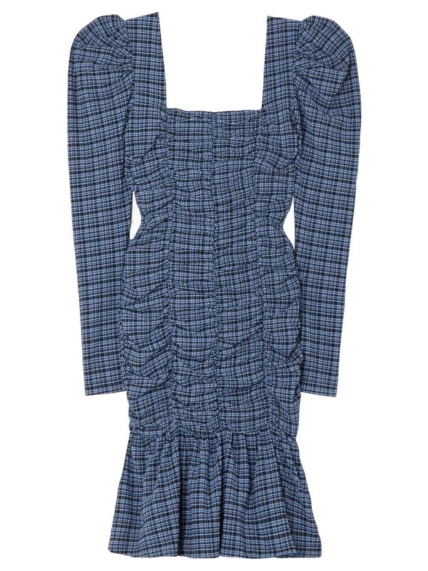 GANNI Ruched Checked Stretch Recycled-seersucker Mini Dress - Blue