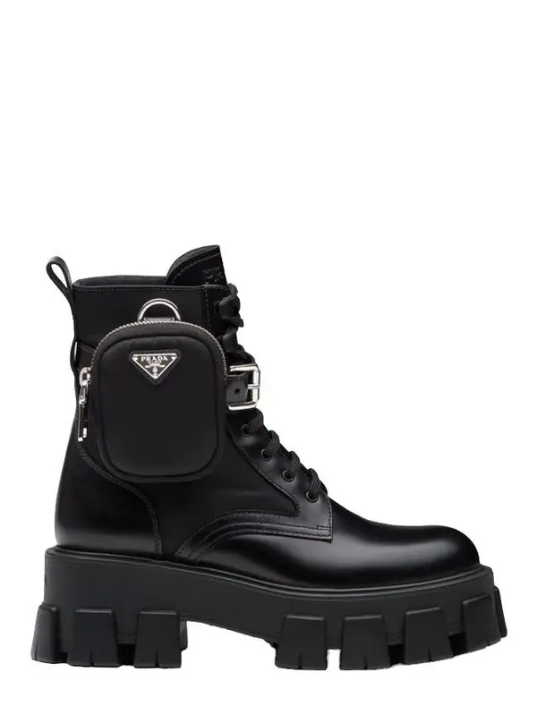 Prada Pouch-detailed Leather Lace-up Boots - Black
