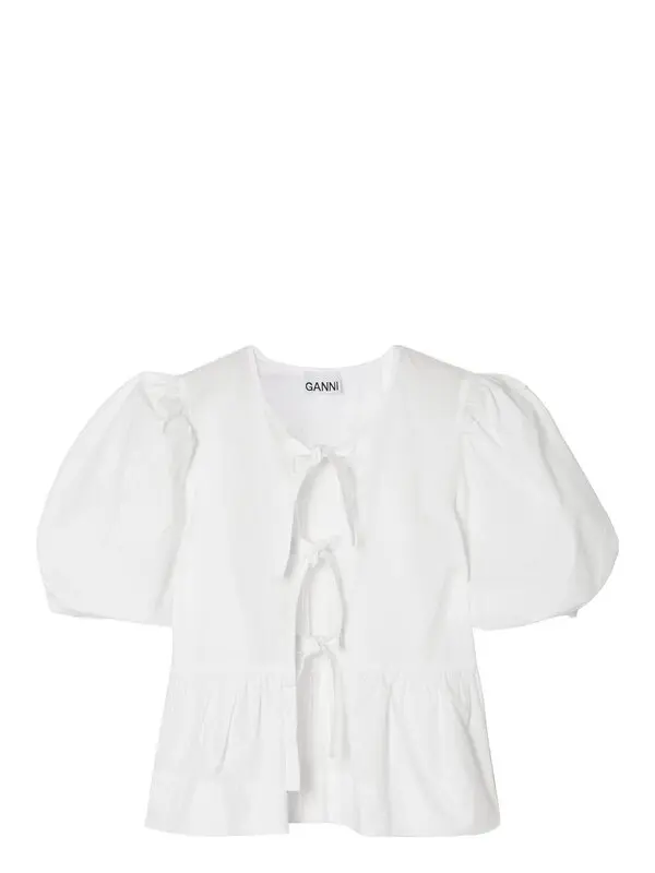 GANNI Tie-front Organic Cotton Peplum Blouse - White