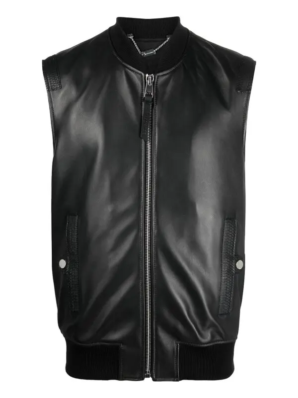 BILLIONAIRE Embroidered Leather Vest - Black