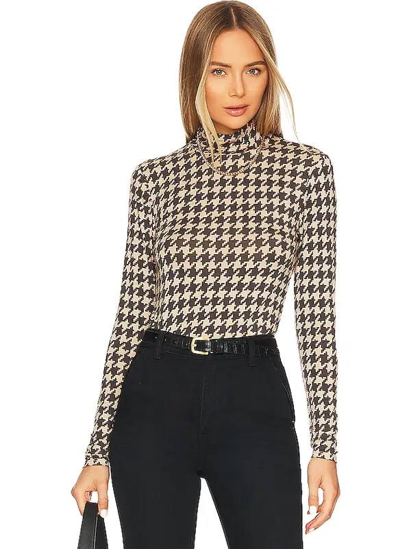 Sanctuary Slinky Mock Turtleneck Top - Java Houndstooth