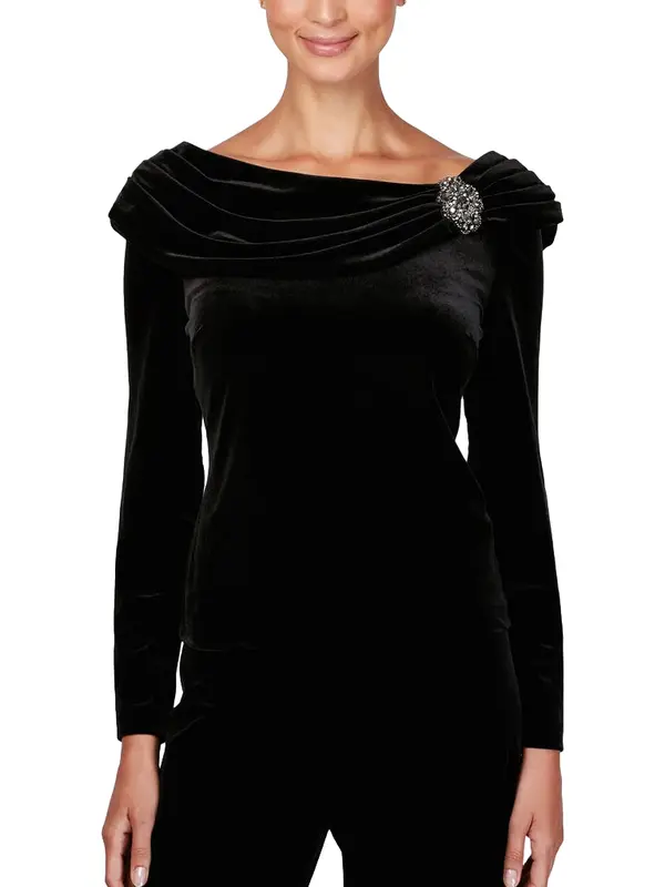 Alex Evenings Ruched Neck Velvet Top - Black