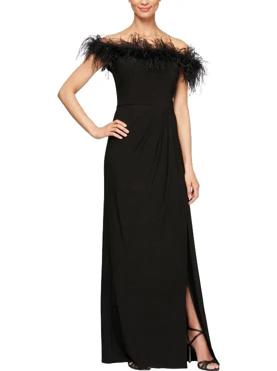 Alex Evenings Feather Trimmed Off-the-shoulder Gown - Black