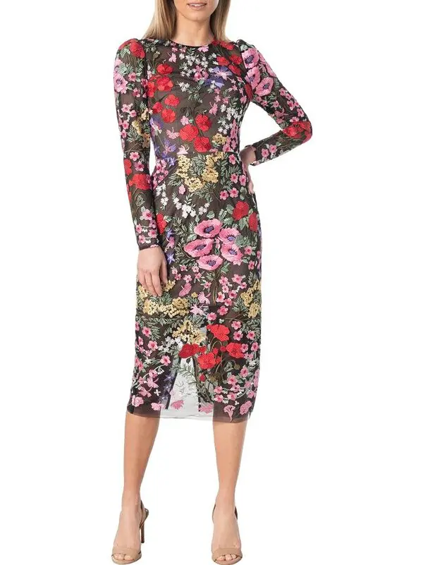 Dress The Population Sophia Floral Embroidered Sheath Dress - Rouge Multi