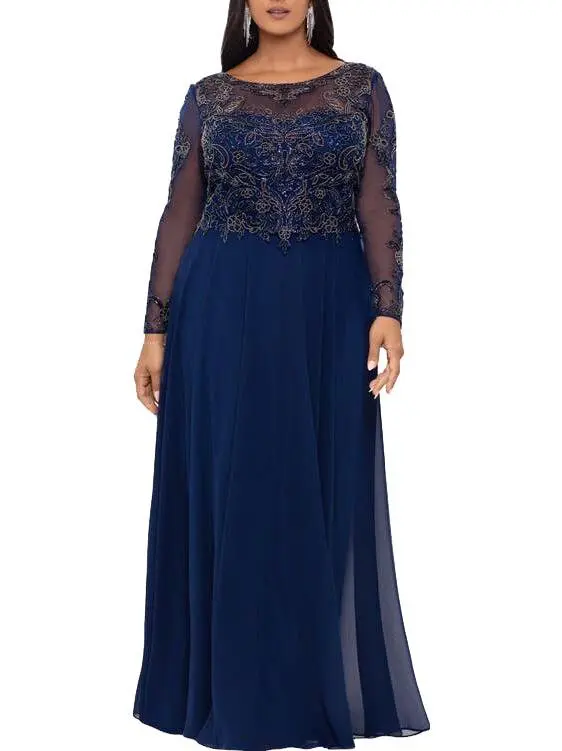 XSCAPE EVENINGS Long Sleeve Beaded Chiffon Gown - Navy/antique