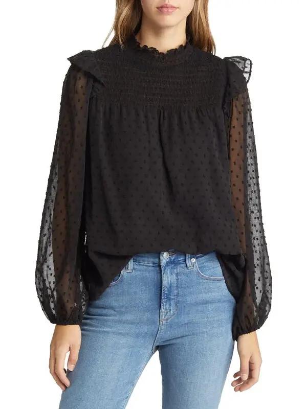 NIKKI LUND Yannis Smocked Clip Dot Blouse - Black