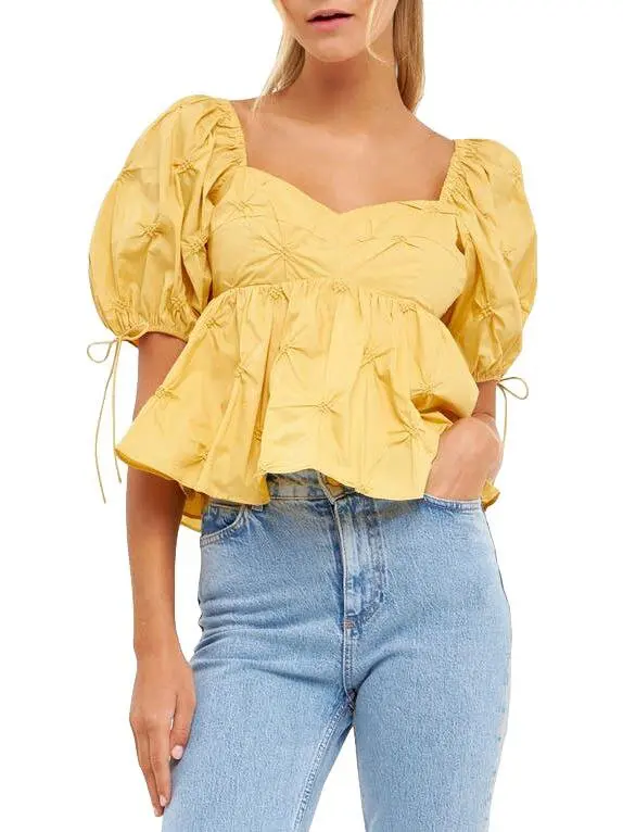English Factory Textured Cotton Babydoll Top - Mustard