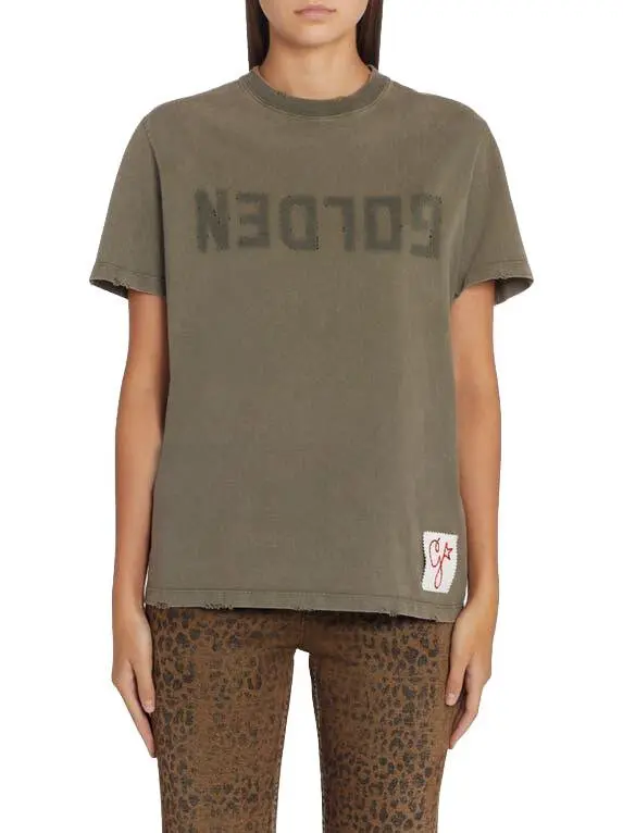 GOLDEN GOOSE Distressed Logo Tee - Dusty Olive
