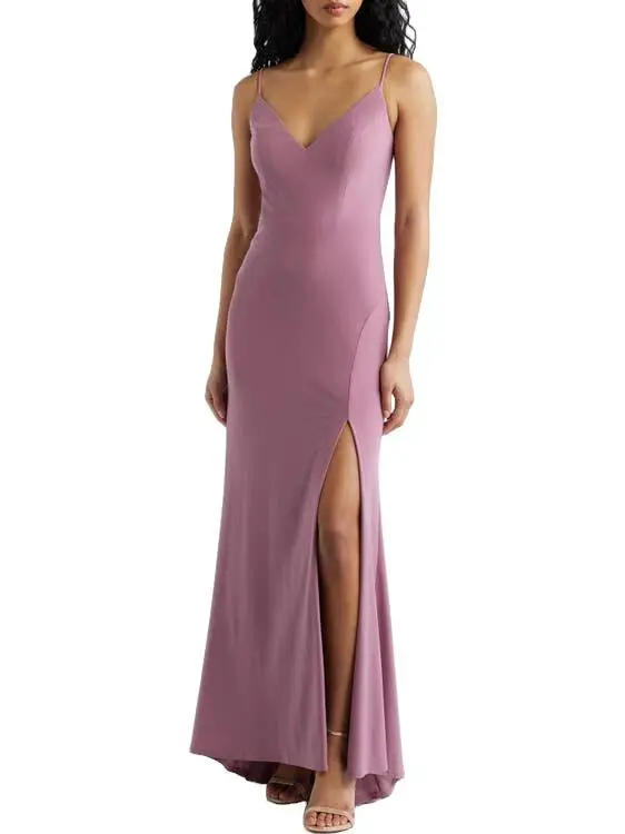 JUMP APPAREL Plunge V-neck Jersey Gown - Mauve