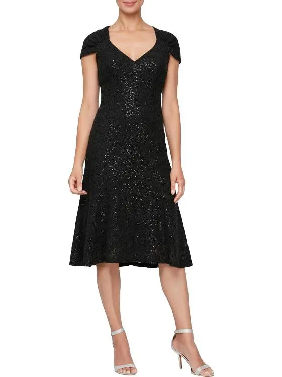 Alex Evenings Sequin Corded Floral Midi Dress - Black