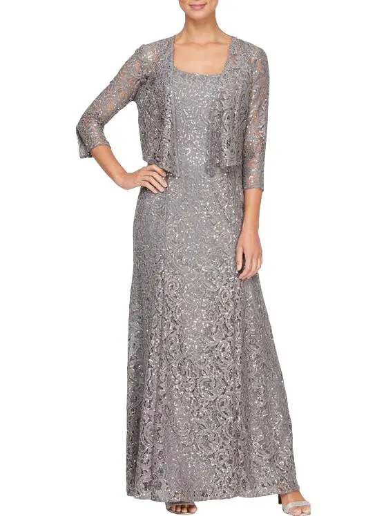 Alex Evenings Two-piece Sequin Lace Gown And Jacket - Charcoal