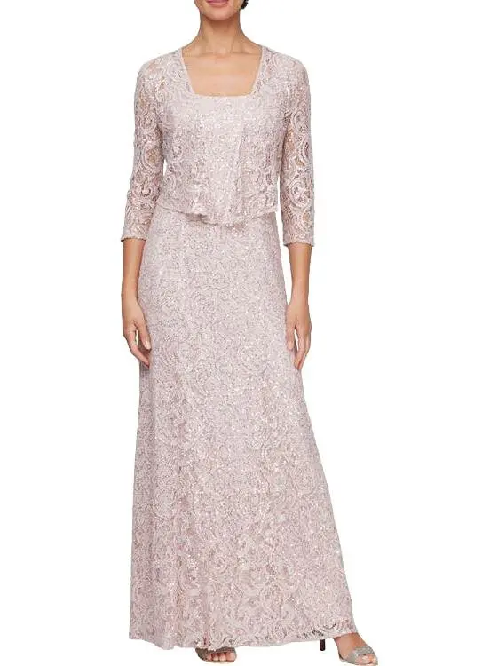Alex Evenings Two-piece Sequin Lace Gown And Jacket - Shell Pink