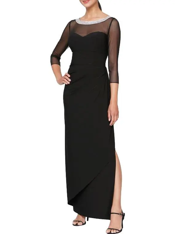 Alex Evenings Illusion Embellished Jersey Gown - Black