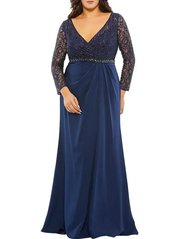Mac Duggal Lace Illusion Long Sleeve V-neck Draped Gown - Midnight