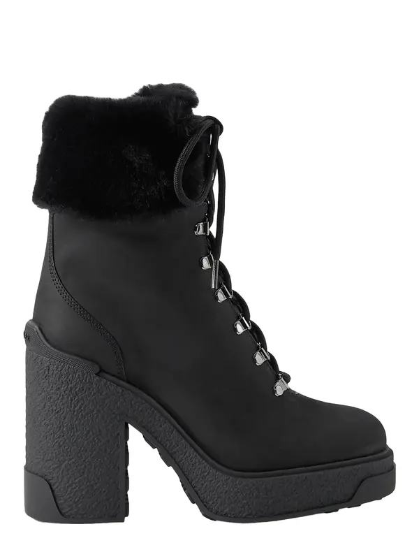 Moncler Claudia Nubuck Ankle Boots With Faux Fur Trim - Black