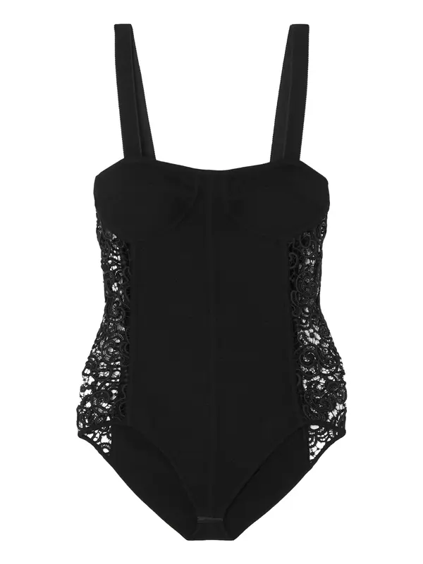 Gabriela Hearst Glass Guipure Lace-trimmed Wool And Silk-blend Bodysuit - Black