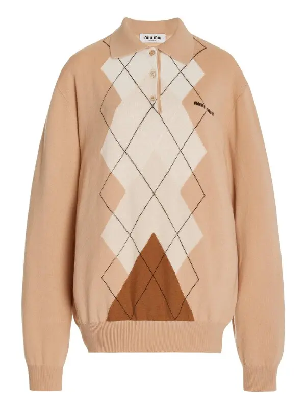 Miu Miu Oversized Argyle Cashmere Sweater - Brown