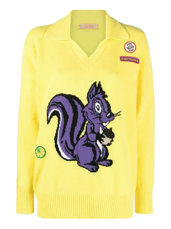 CORMIO Squirrel Intarsia Knit Jumper - Yellow