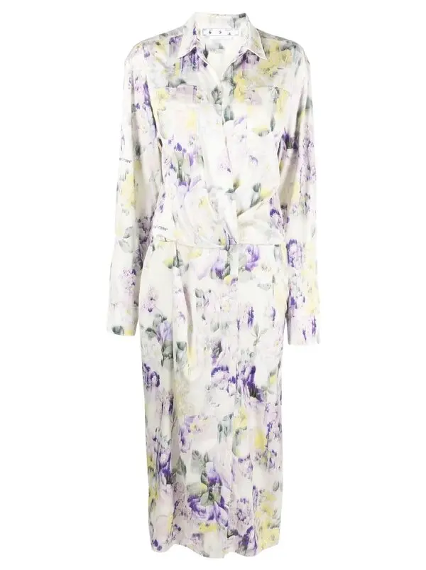 Off-White Floral-print Draped Dress - Green