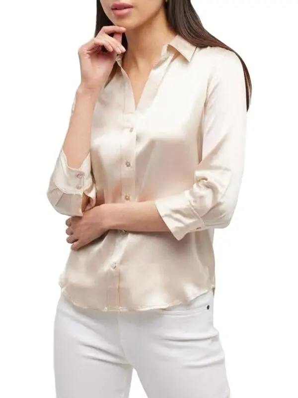L & Apos;AGENCE Dani Silk Satin 3/4-sleeve Button-down Blouse - Beige