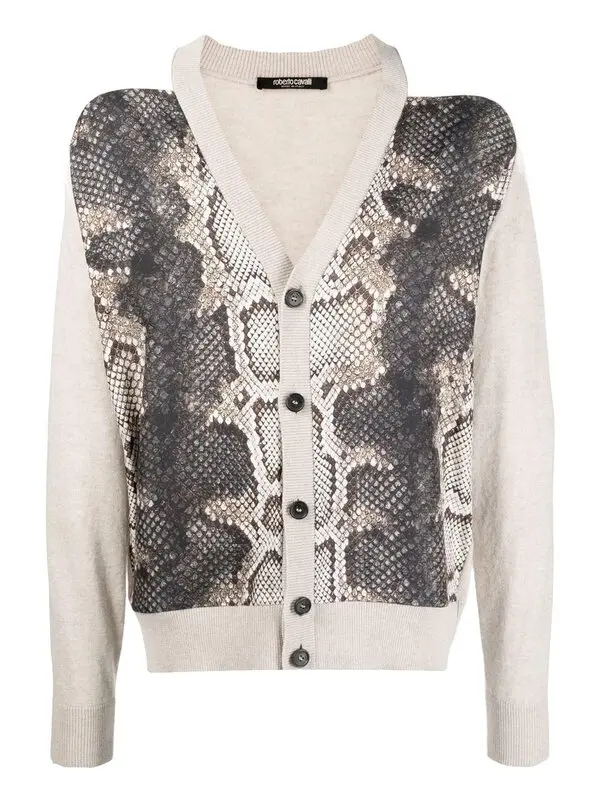 Roberto Cavalli Snakeskin-print Panelled Cardigan - Neutrals