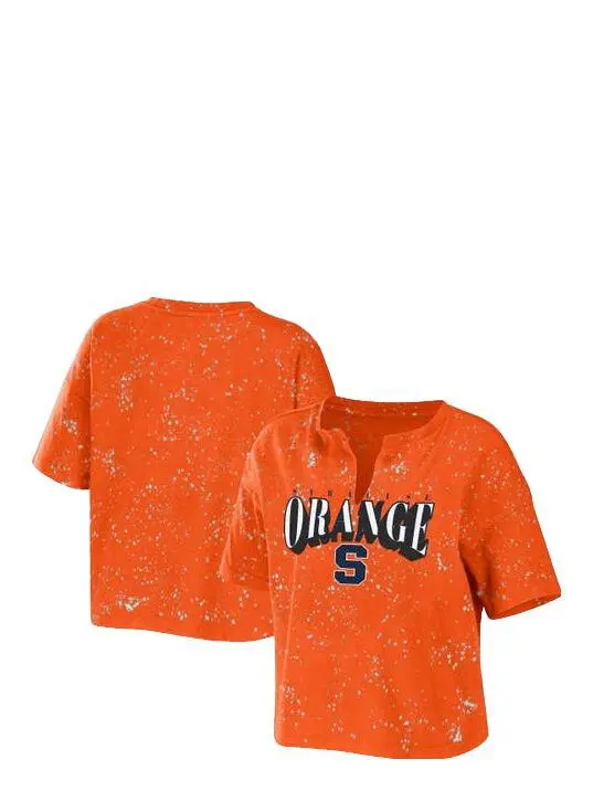 WEAR BY ERIN ANDREWS Syracuse Bleach Wash Splatter Cropped Notch Neck T-shirt - Orange