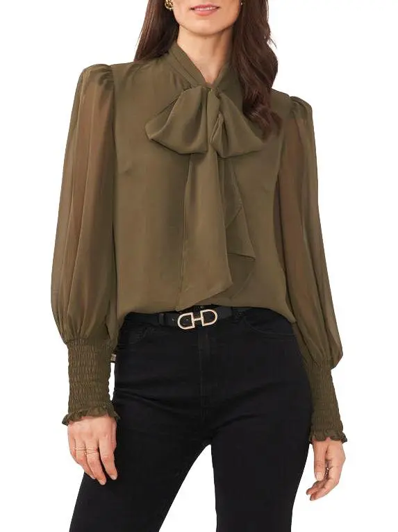 Vince Camuto Sheer Balloon Sleeve Bow Blouse - Light Olive