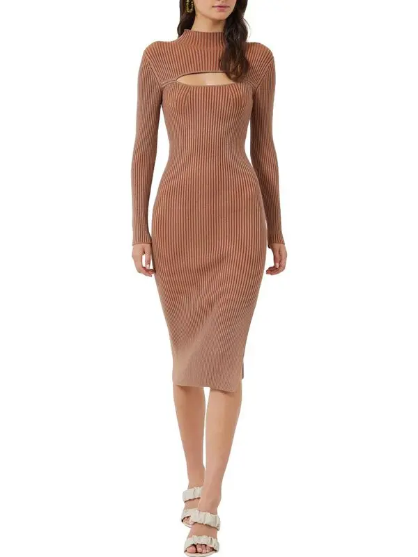 French Connection Mathilda Knit Cutout Long Sleeve Dress - Camel/glazed Ginger