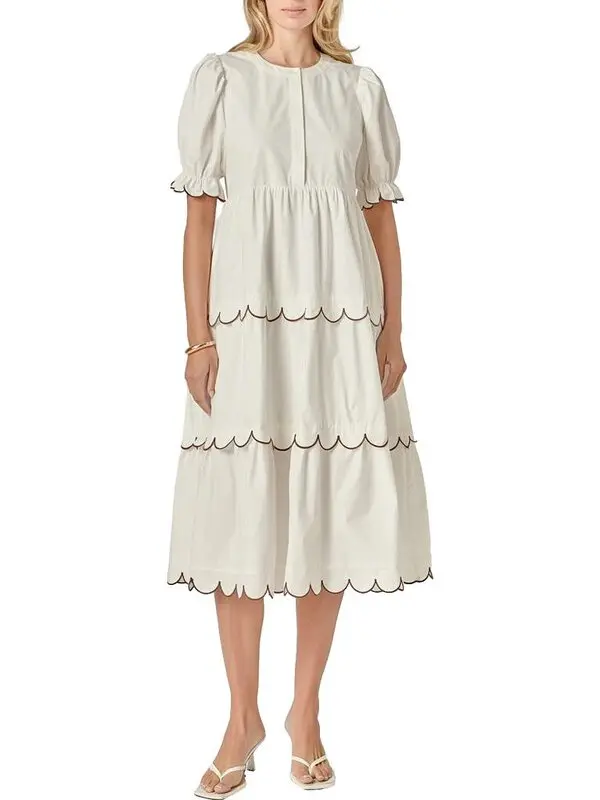 English Factory Contrast Scalloped Trim Cotton Midi Dress - Cream/brown