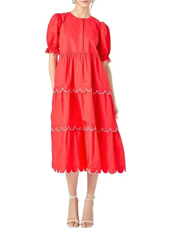 English Factory Contrast Scalloped Trim Cotton Midi Dress - Red/ White