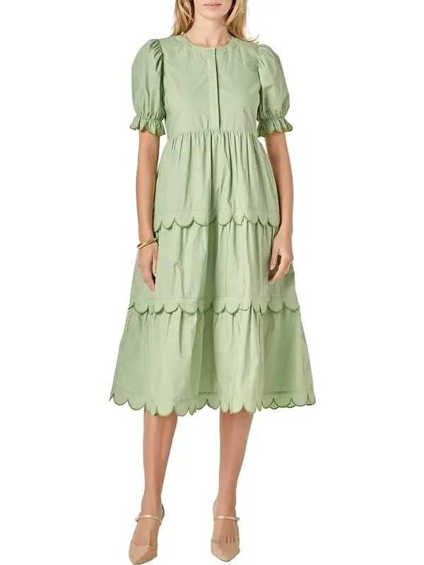 English Factory Contrast Scalloped Trim Cotton Midi Dress - Sage/green