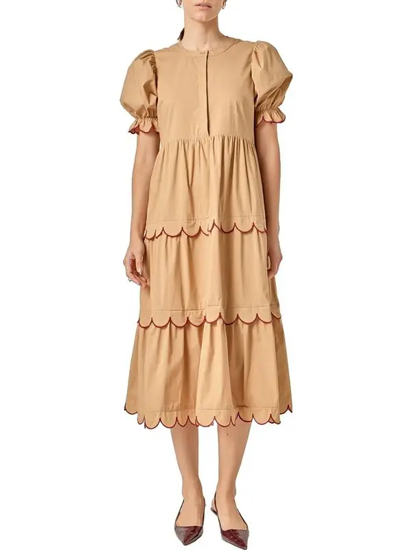 English Factory Contrast Scalloped Trim Cotton Midi Dress - Tan/burgundy
