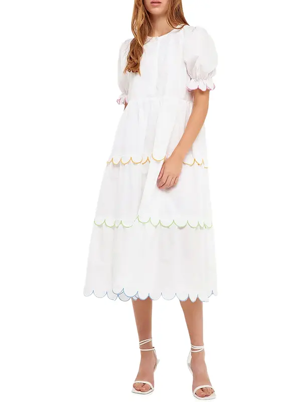 English Factory Contrast Scalloped Trim Cotton Midi Dress - White Multi