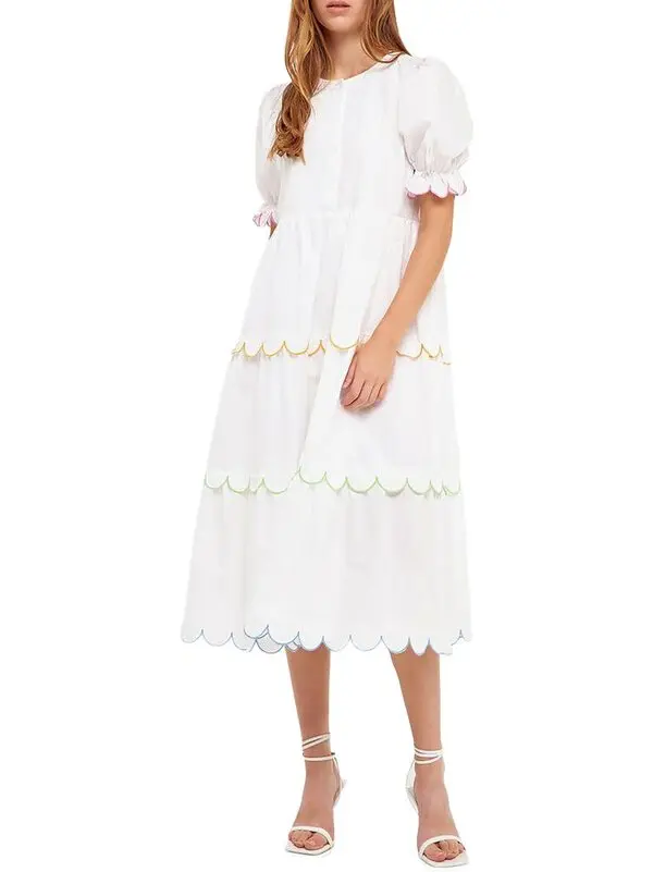 English Factory Contrast Scalloped Trim Cotton Midi Dress - White Multi
