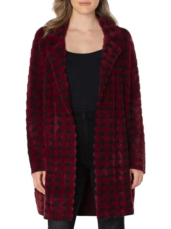LIVERPOOL Houndstooth Open Front Sweater Coat - Burgundy And Black Houndstooth