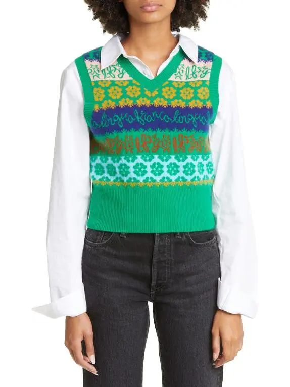 Lingua Franca X Gender Inclusive Logo Jacquard Cashmere Sweater Vest - Kelly Green Multi