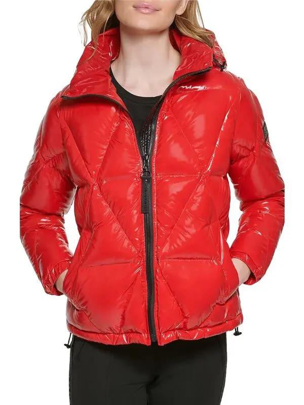 Karl Lagerfeld Paris Water Resistant Short Hooded Puffer Coat - Scarlet