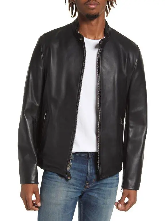 SCHOTT Café Racer Slim Fit Cowhide Leather Jacket - Black